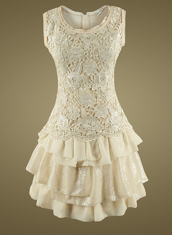 Embroidery Lace Overlay Sequins Chiffon Dress on Luulla