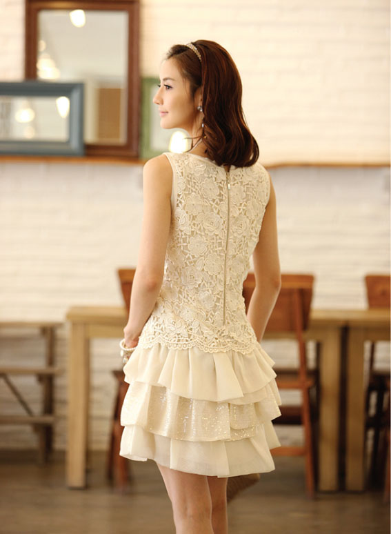 Embroidery Lace Overlay Sequins Chiffon Dress on Luulla