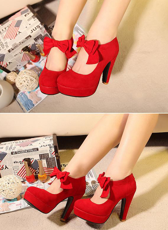 Bowknot Faux Suede Red Platform Heels on Luulla