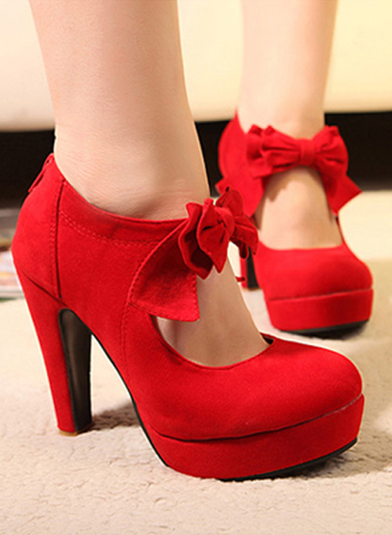 Bowknot Faux Suede Red Platform Heels on Luulla