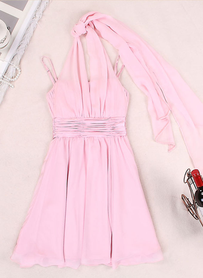 Long Ribbons Back Straps Halter Pink Dress on Luulla