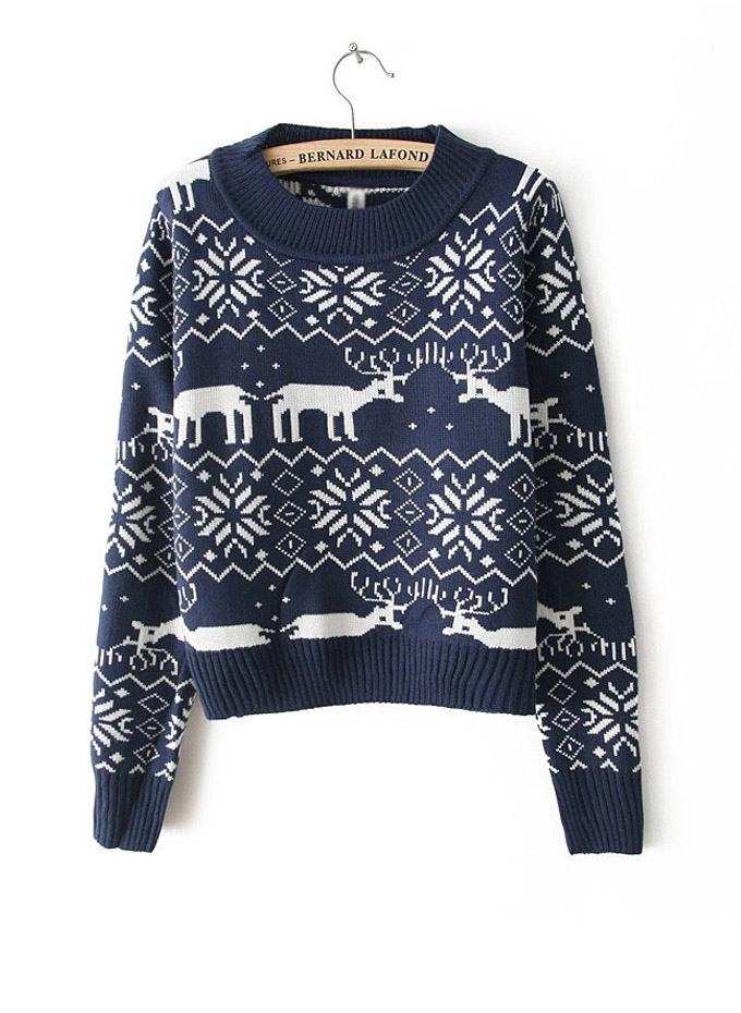 Deers & Snowflakes Print Cropped Sweater on Luulla
