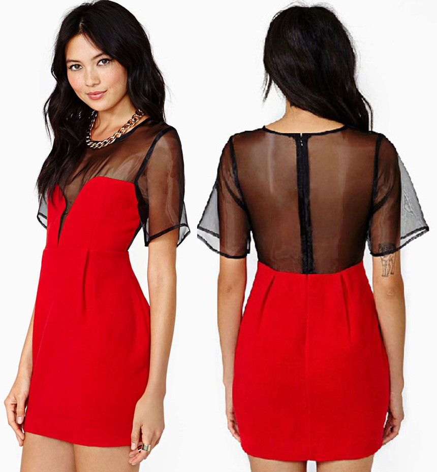 Clearance - Sheer Mesh Back Deep V Front Red Dress on Luulla
