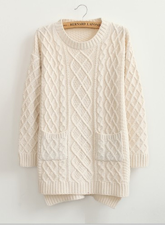 Split Sides Step Hem Pockets Cable Sweater on Luulla